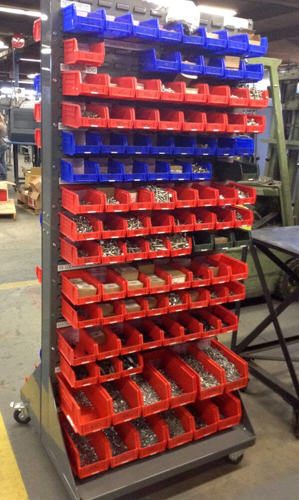 AkroBins on a Mobile Louvered Rack - Akro-Mils